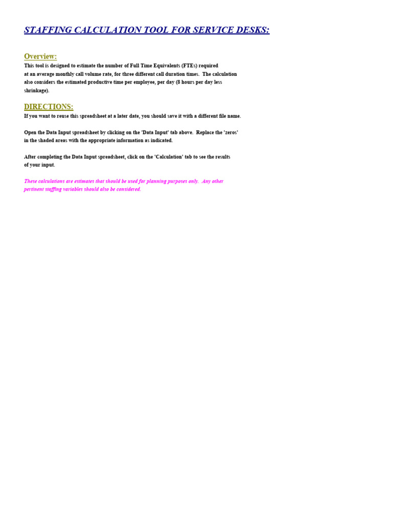 Service Desk Staffing Calculator Tool | PDF | Spreadsheet | Workweek ...