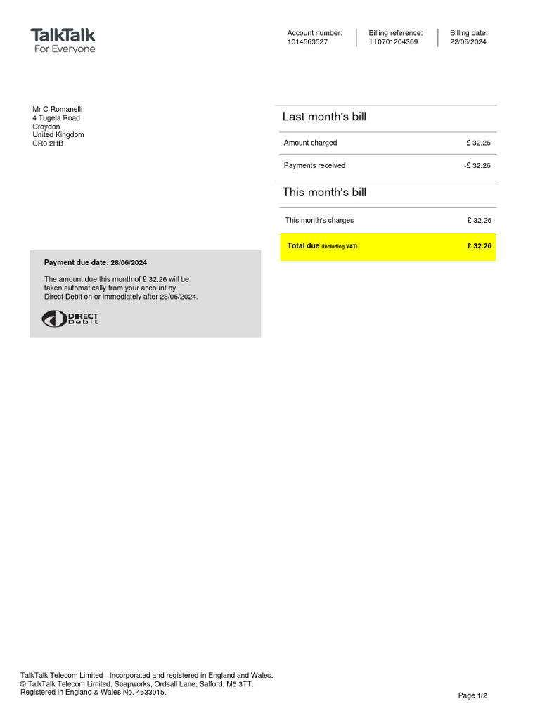 TalkTalk Bill Summary | PDF | Financial Technology | Finance & Money ...