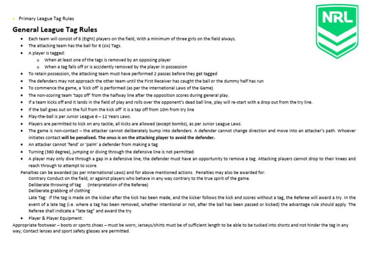 NRL League Tag Rules | PDF | Team Sports | Sports
