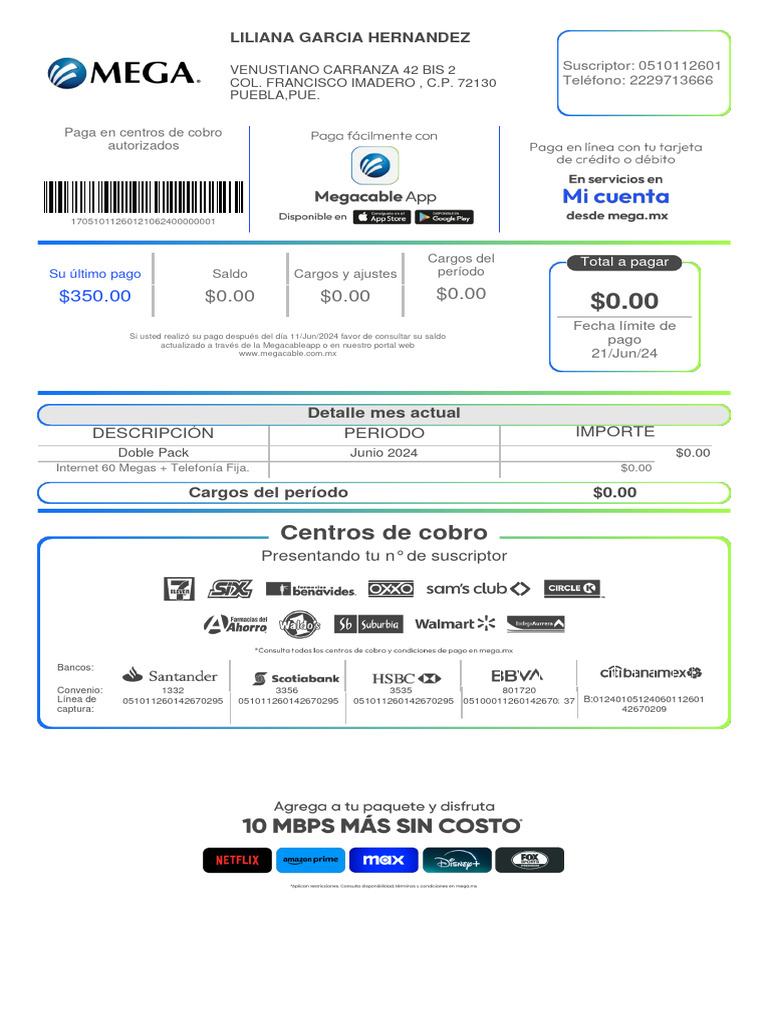 Pago y Saldo de Megacable Junio 2024 | PDF | Internet | Telecomunicaciones