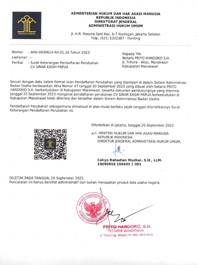 2.AHU. SK KEHAKIMAN CV. Sinar Kasih Papua | PDF