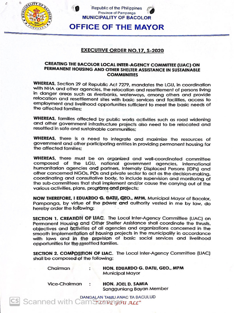 EXECUTIVE ORDER NO 17 Series of 2020 CREATING THE BACOLOR LOCAL-INTER ...