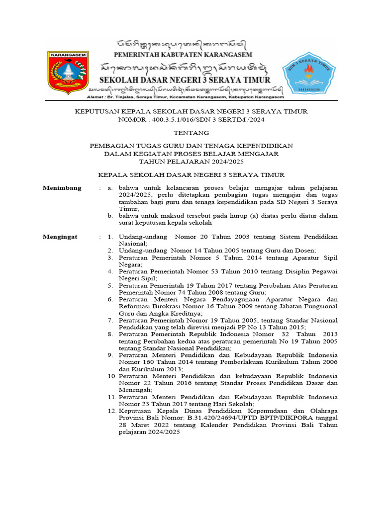 SK Pembagian Tugas 2024,2025 | PDF