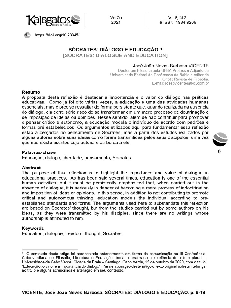 VICENTE, João José Neves Barbosa. A Educação em Socrates | PDF ...