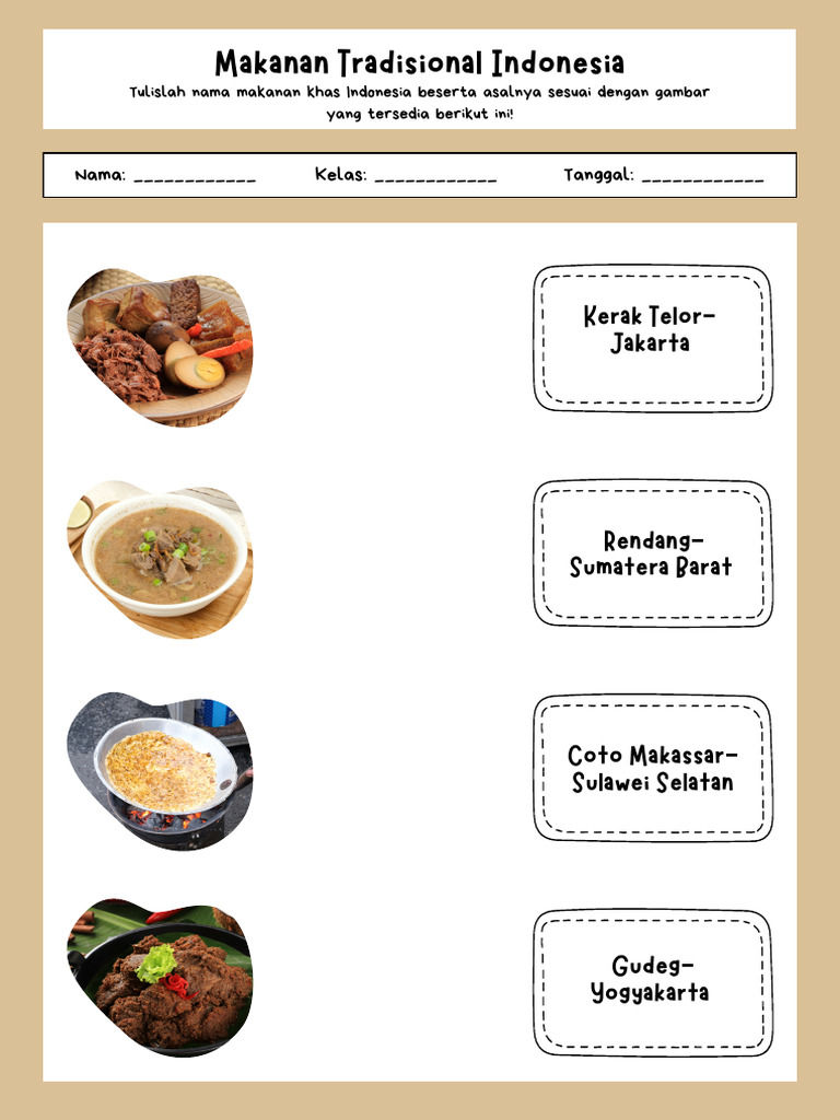 Lembar Kerja Makanan Tradisional Indonesia Foto Coklat Putih | PDF