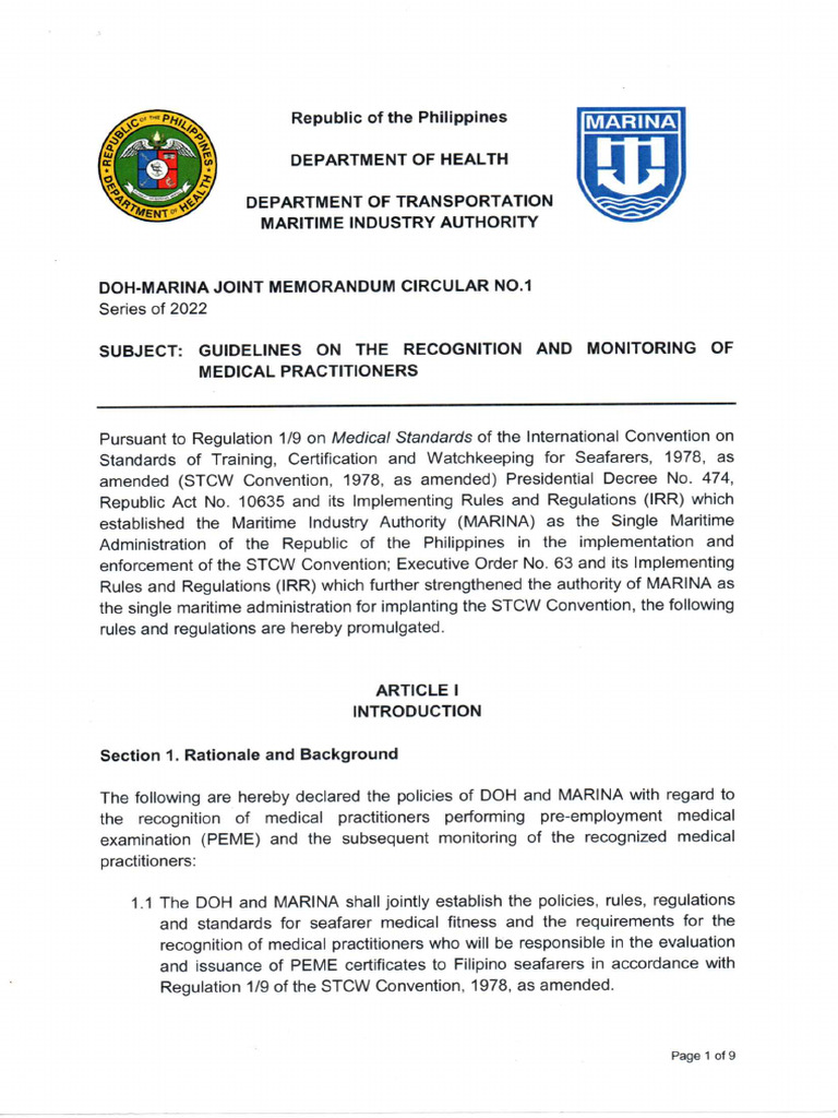 DOH MARINA Joint Memorandum Circular No.1 Series of 2022 | PDF