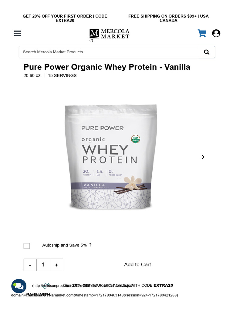 Pure Power Organic Whey Protein - Vanilla, 20.60 Oz., 15 Servings - Mercola Market | PDF ...