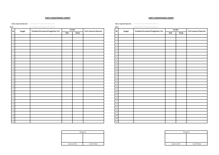 Kartu Maintenance Genset | PDF