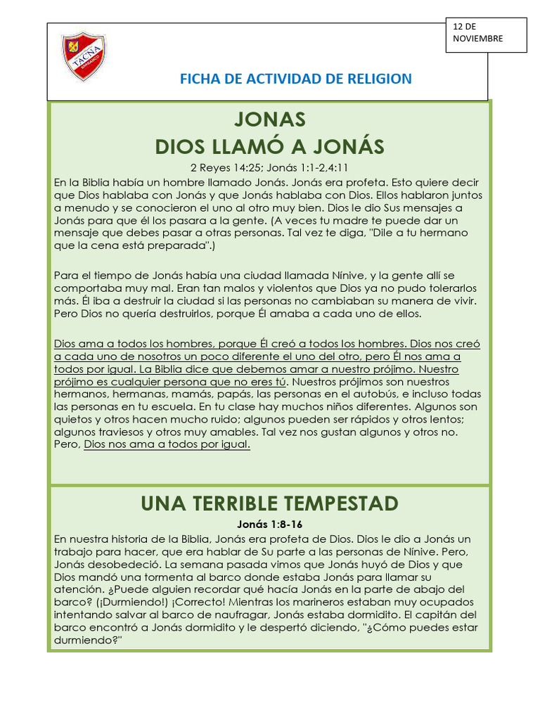 Jonas Dios Llamó A Jonás: Ficha de Actividad de Religion | PDF | Jonás