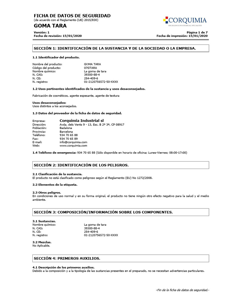 Ficha de Seguridad Goma Tara: Usos y Precauciones | PDF | Química