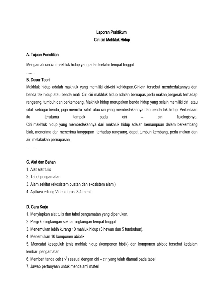 Ciri-Ciri Makhluk Hidup: Laporan Praktikum | PDF | Kesehatan Holistik ...