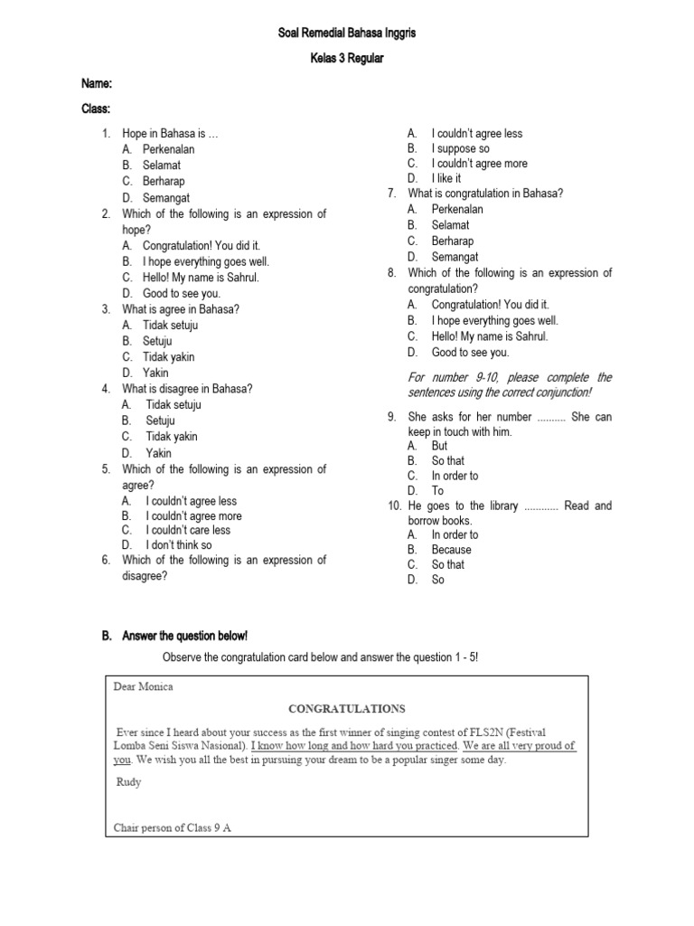 Soal Remedial Bahasa Inggris Kelas 3 | PDF | Indonesian Language | Language Varieties And Styles