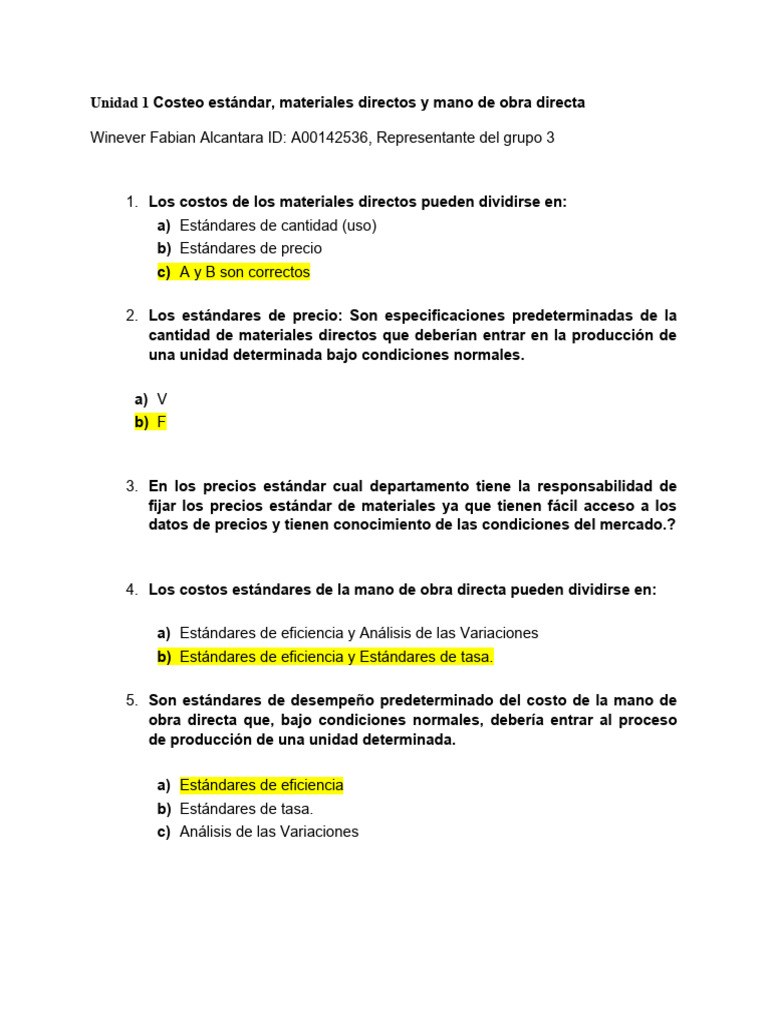 Unidad 1 Costeo Est ndar Sin Respuestas PDF Contabilidad Precios