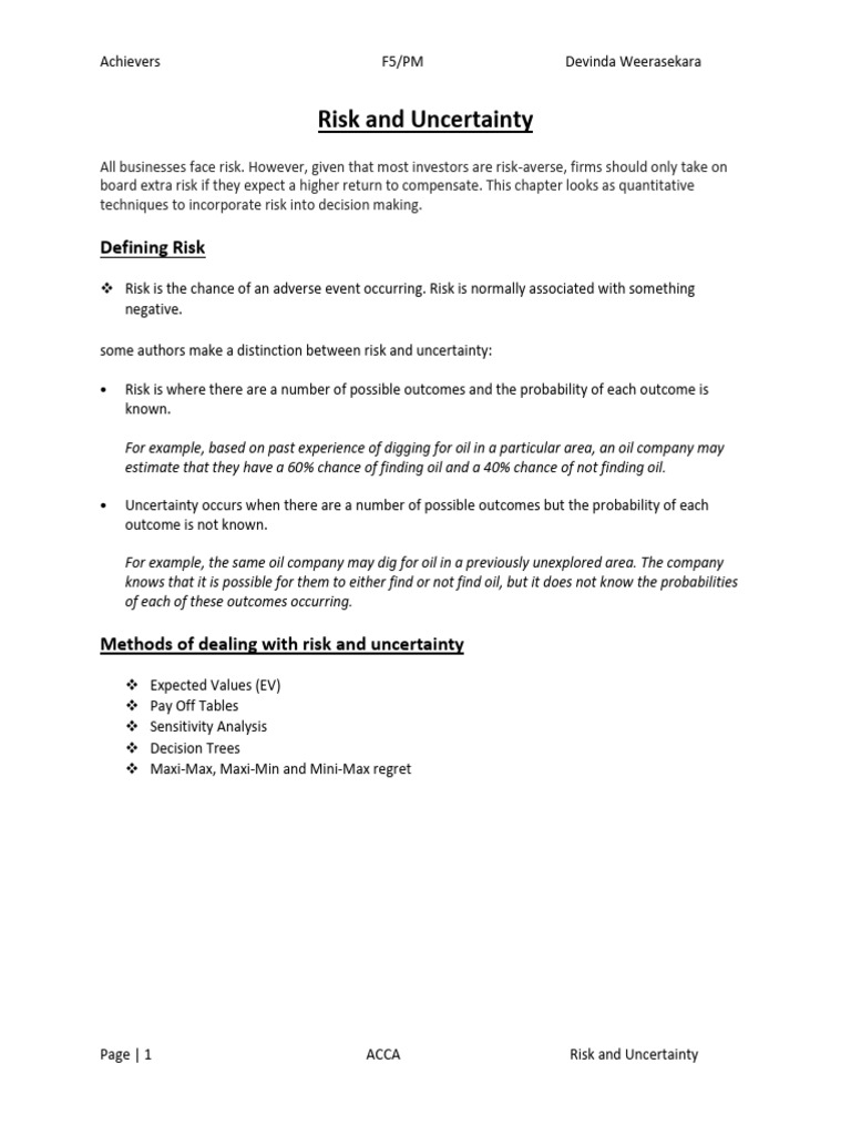 ACCA PM - Risk and Uncertainty | Download Free PDF | Risk | Uncertainty