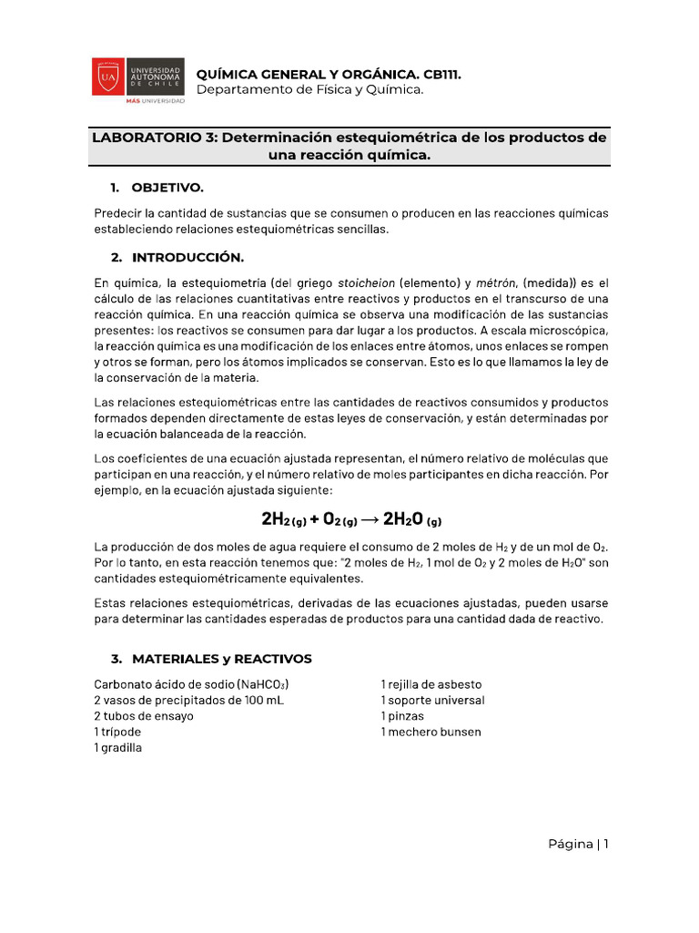 Laboratorio 3 Estequiometría 2 Pdf