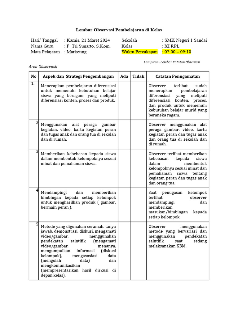 Lembar Observasi Pembelajaran Di Kelas | PDF