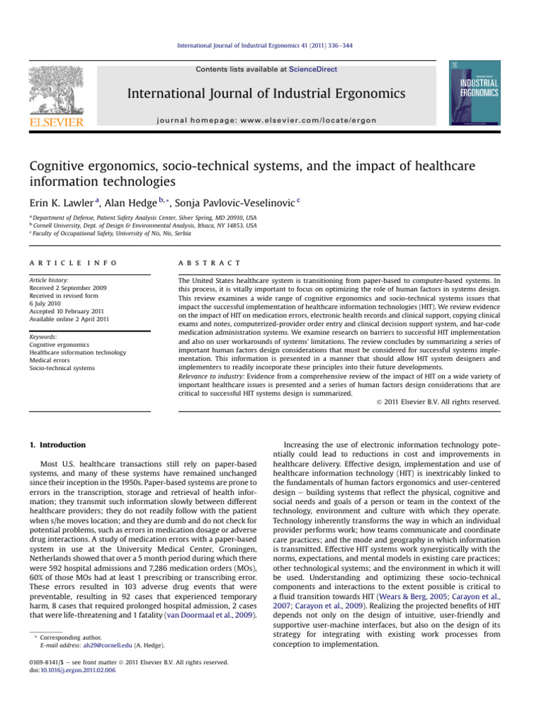 Cognitive Ergonomics - Socio Technical Systems and The Impact of Healthcare Information ...