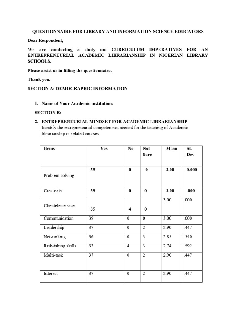 Correct Questionnaire Curriculum | PDF | Librarian | Libraries