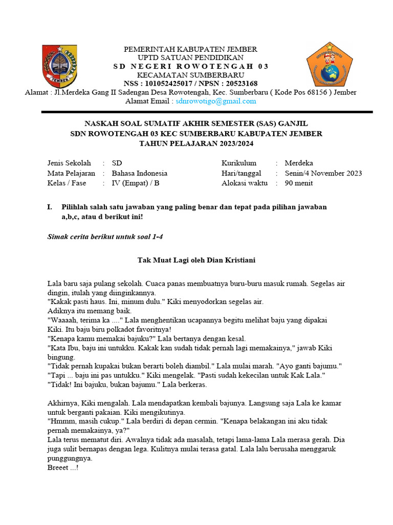 Naskah Soal Sas 1 B.indonesia KLS 4 | PDF