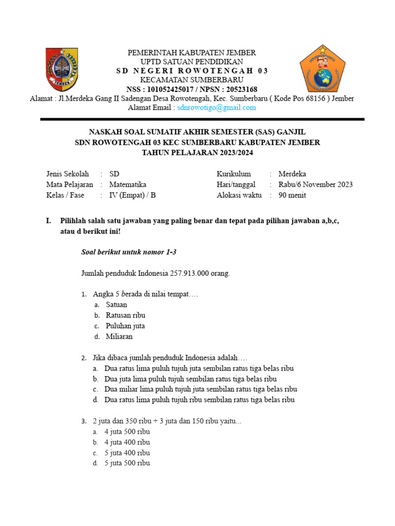 Naskah Soal Sas MTK Kelas 4 | PDF | Olahraga & Rekreasi