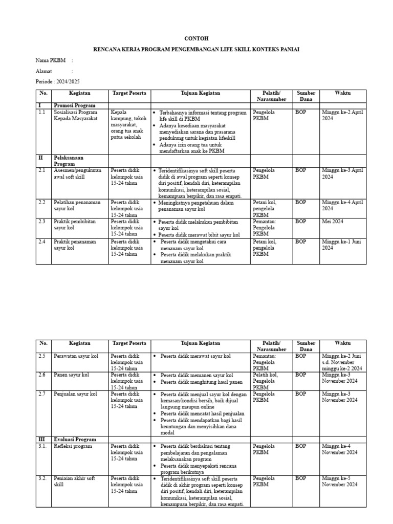 Contoh Rencana Kerja Program Lifeskill PKBM | PDF