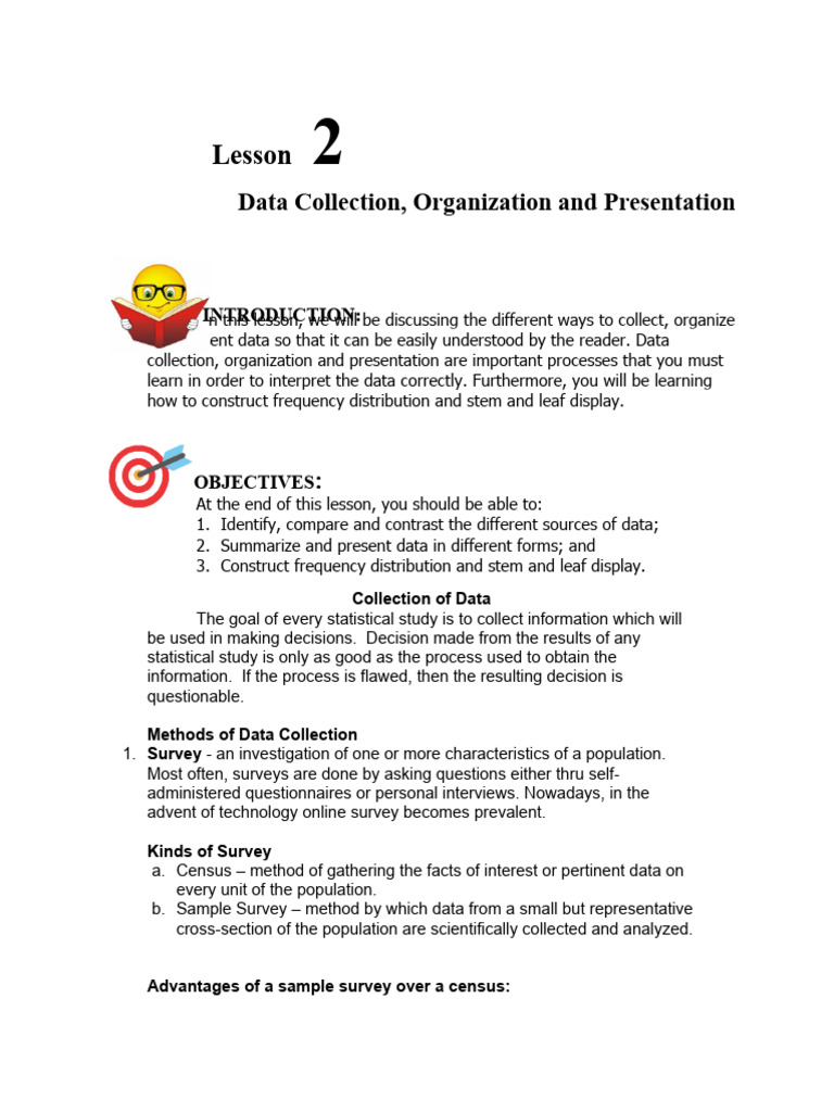 Lesson2 - Data Collection Organization and Presentation | PDF | Sampling (Statistics) | Survey ...