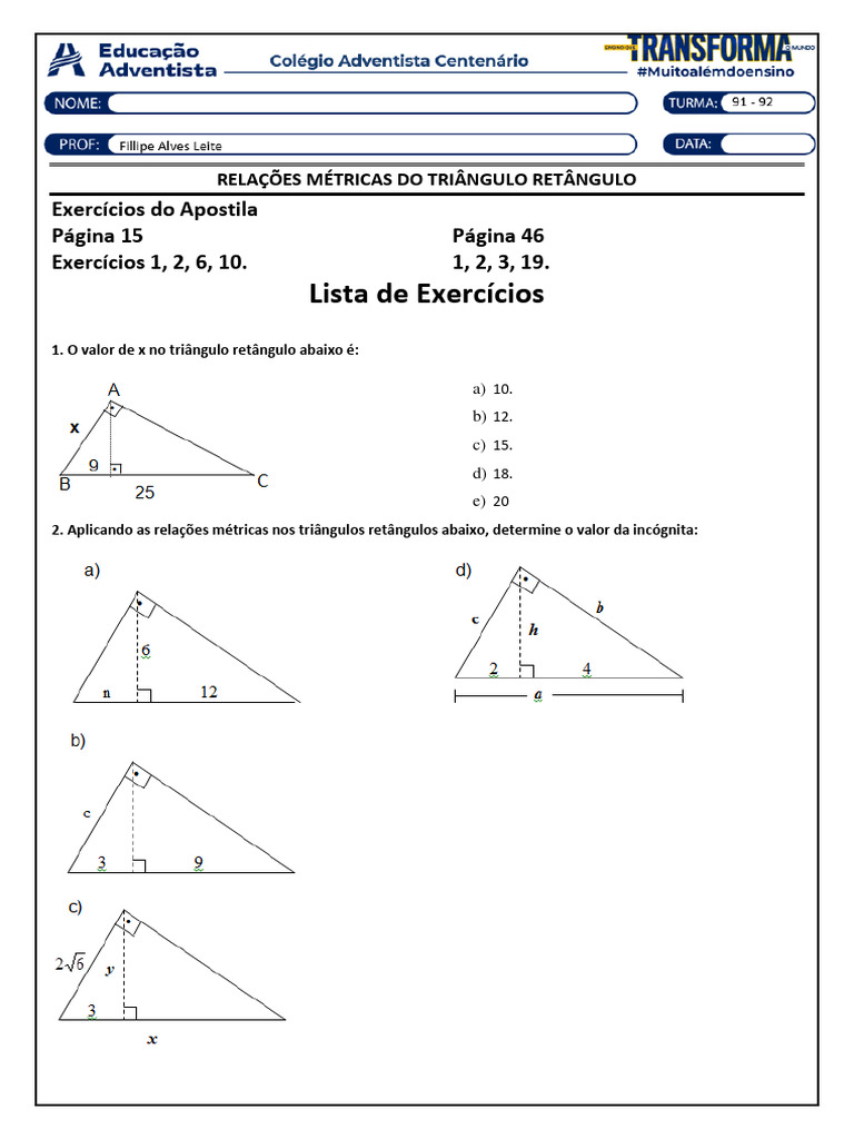Exercícios de Triângulo Retângulo | PDF | Triângulo | Matemática elementar