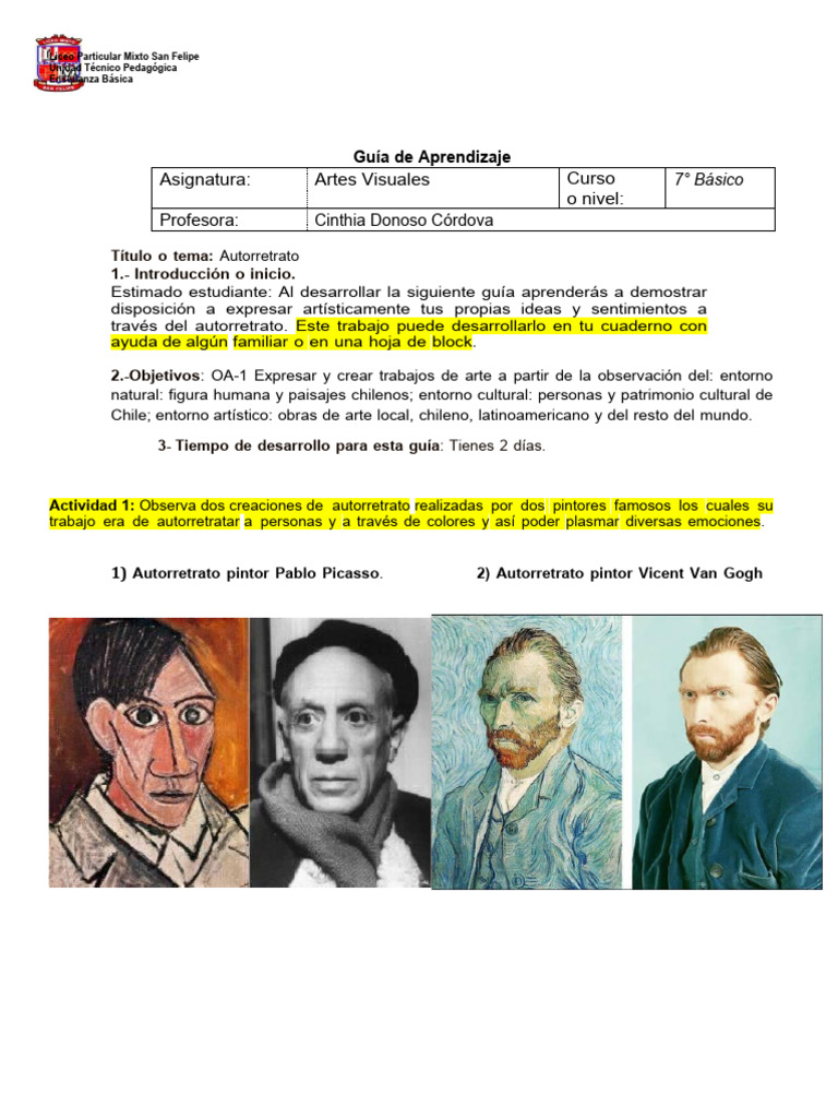 GUIA 7° Autorretrato | PDF | Pinturas | Enseñando
