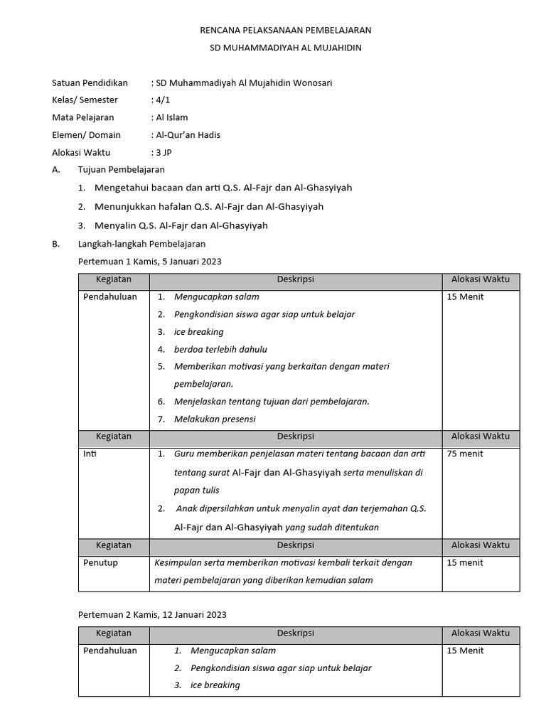 Draf Rpp Sdam Cp Alquran Hadis Kelas 4 Semester II | PDF