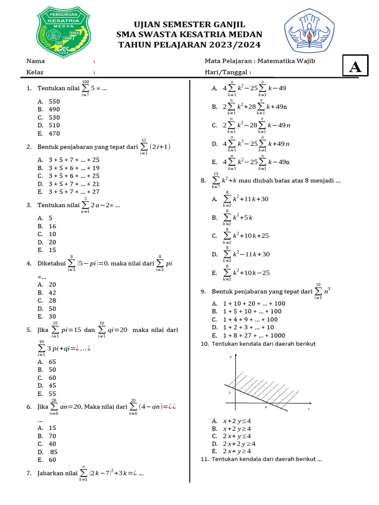 Format Soal Ganjil A Kelas XI MTK WAJIB | PDF