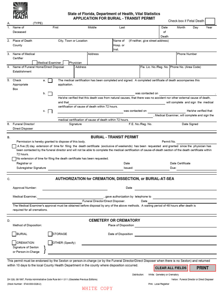 DH326 Burial Transit Permit 8.97 Enterable 3 | PDF | Cremation | Burial