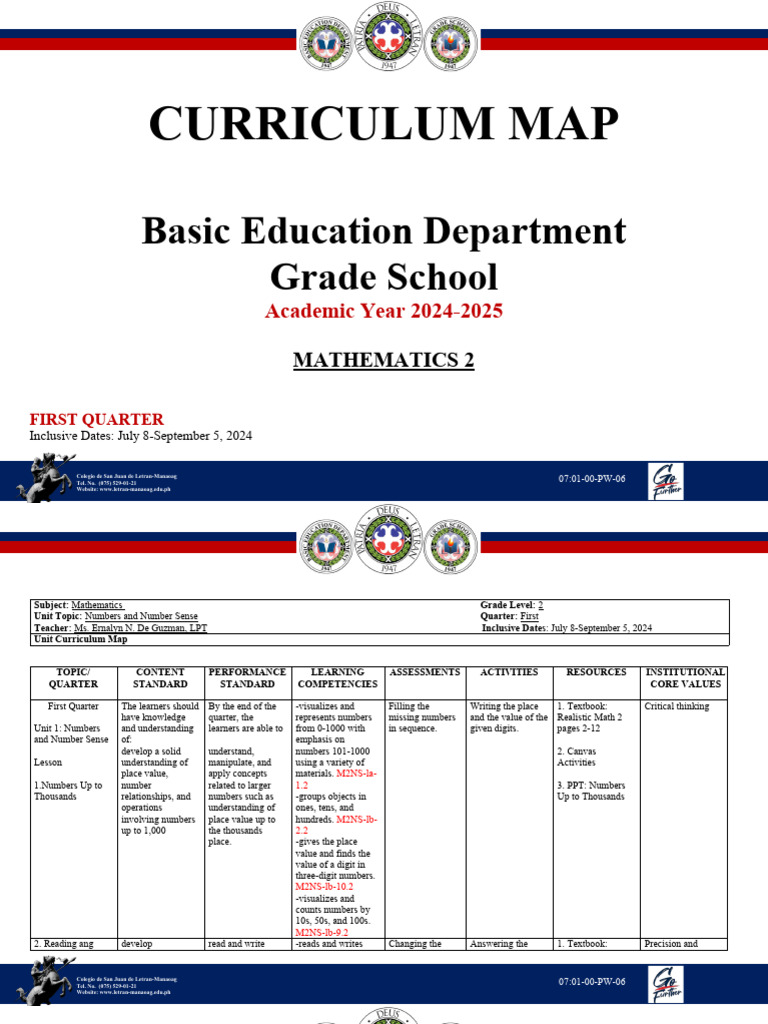 BED-GS-Curriculum Map-Math 2-1st Quarter 2024-2025 | PDF | Curriculum ...