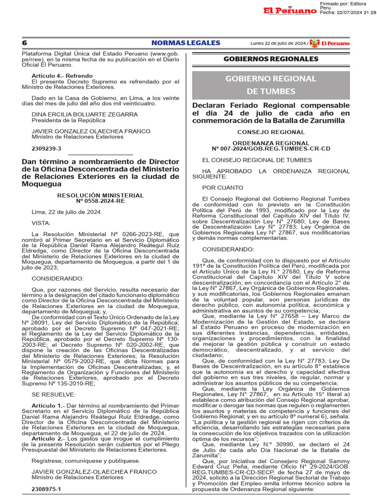Ordenanza Regional #007-2024/gob - Reg.tumbes-Cr-Cd | PDF | Perú | Diplomacia