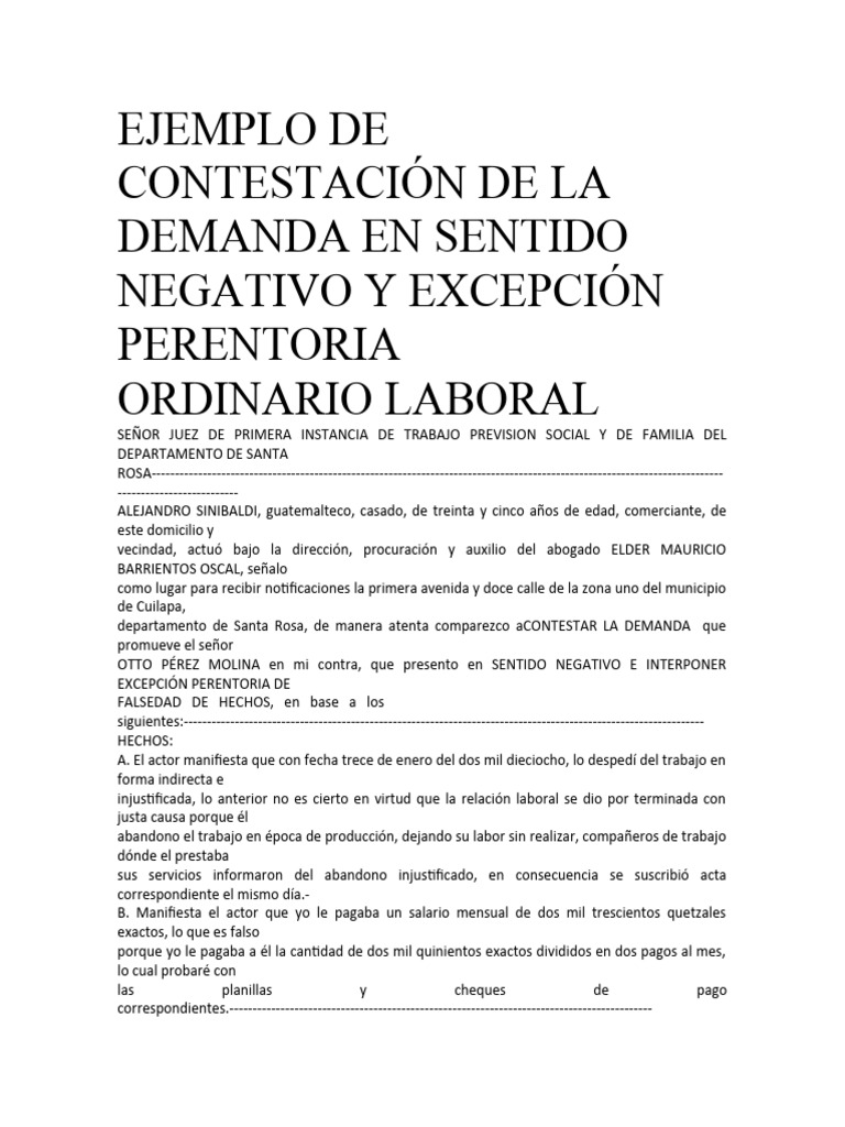 Contestación de Demanda Laboral Negativa | PDF | Demanda judicial