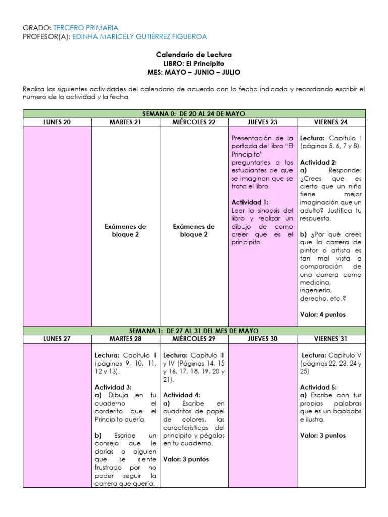 Calendario de Lectura Bloque 3 - 3ro. Primaria | PDF | Calendario