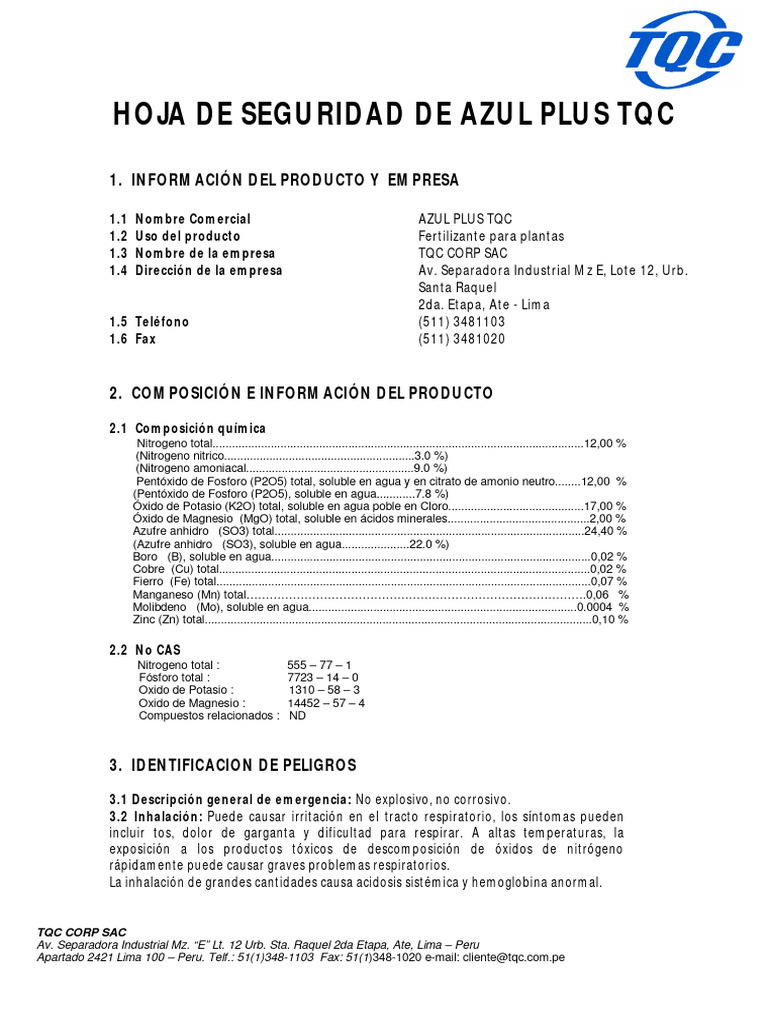 Msds Azul Plus TQC | PDF | Residuos | Combustión