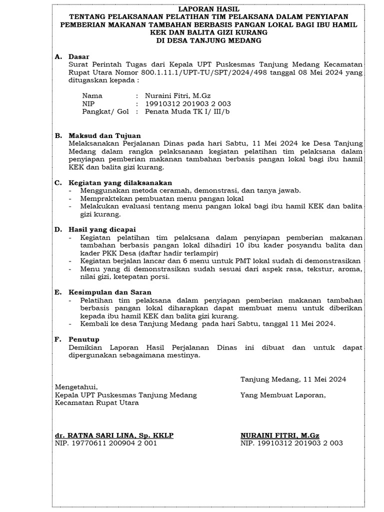 LPD Pelatihan Tim Pelaksana Penyiapan PMT Berbasis Pangan Lokal | PDF