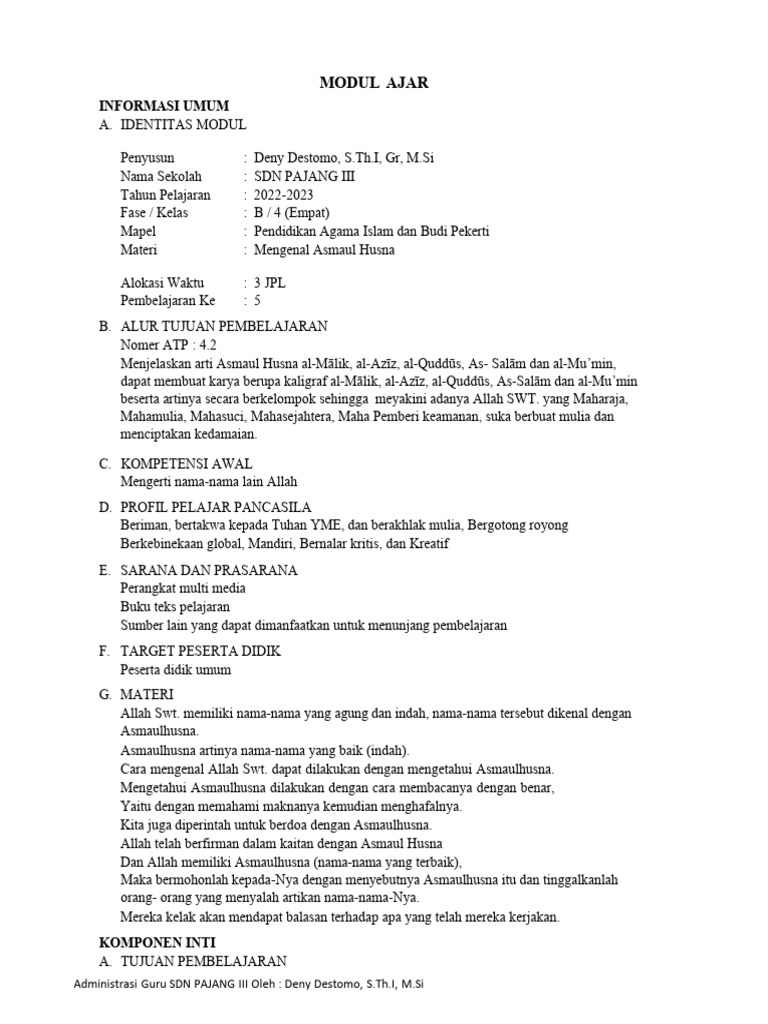 Modul Ajar Pabp Kls 2 Asmaul Husna | PDF
