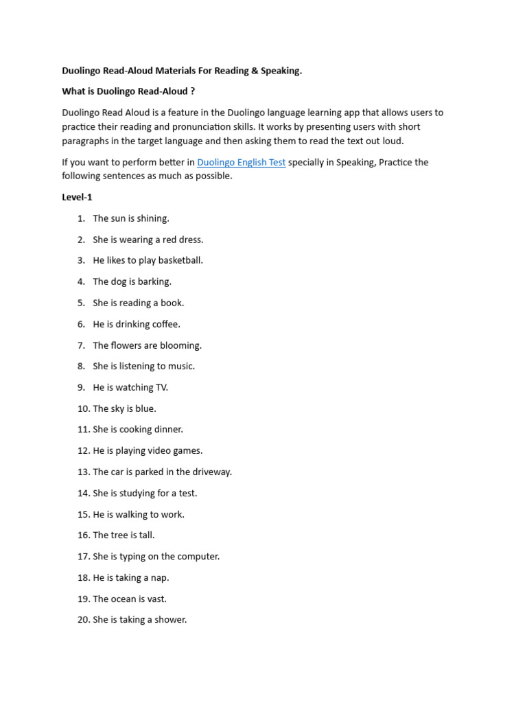 Duolingo Read Aloud Test | PDF | Cooking, Food & Wine | Language Arts ...