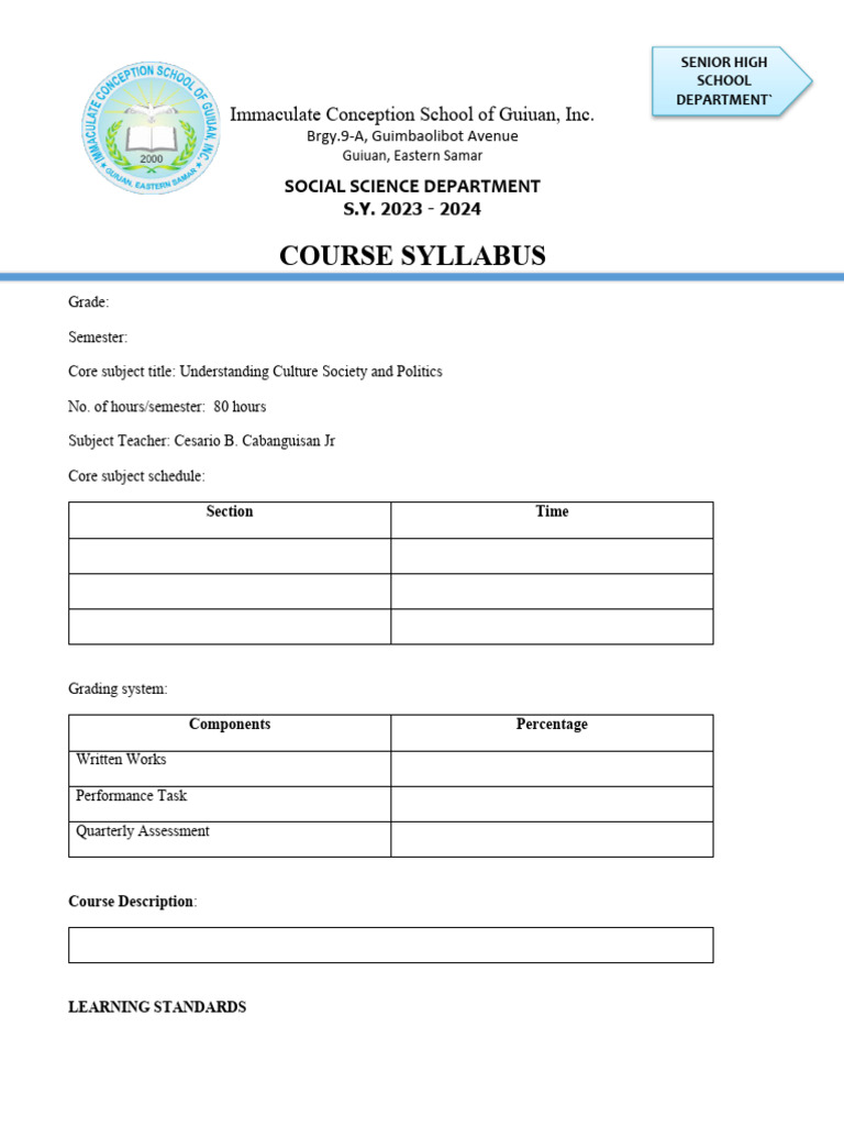 Course-Syllabus-Learning-Plan-for-SHS-S.Y.-2023-2024 | PDF | Learning ...