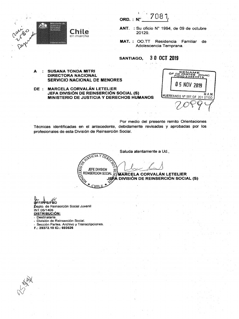 Oficio Remisor Sename Aprobatorio MINJU OT RFAT | PDF