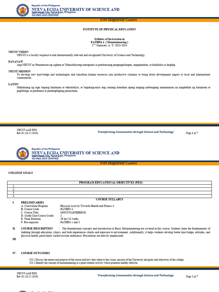 PATHFit 4 Mountaineering Syllabus | PDF | Cognition | Learning