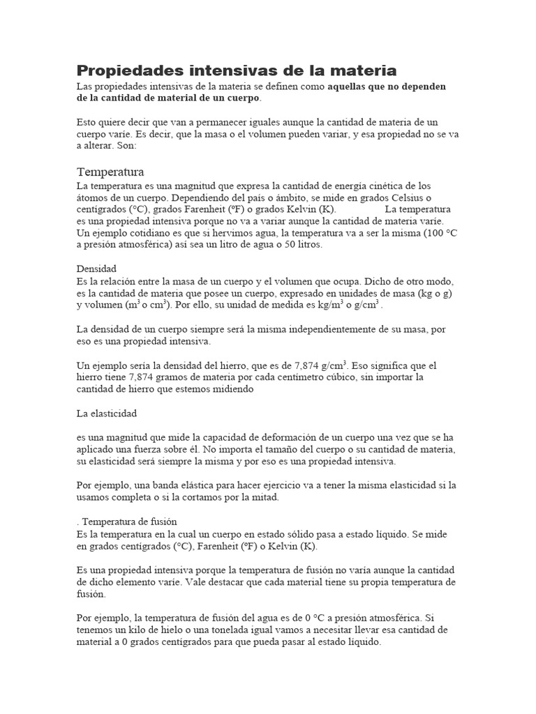 Propiedades Intensivas de La Materia | PDF | Masa | Temperatura