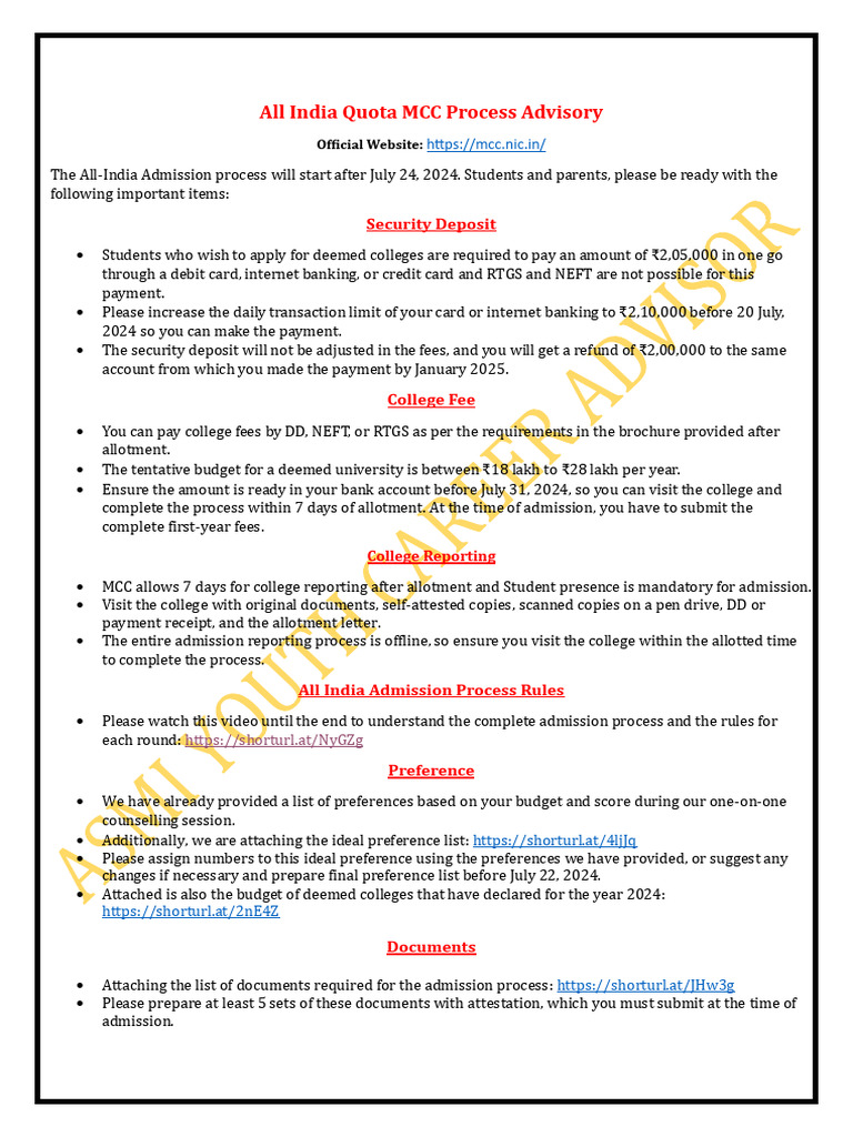 ASMI Career All India Quota MCC Process Advisory 2024 | PDF | Payments ...