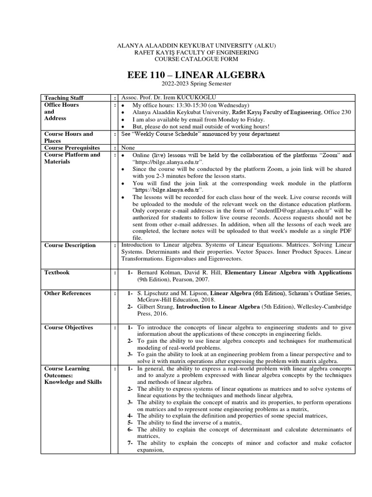 EEE110 Linear Algebra Course Catalogue Form 2022-2023 Academic Year ...