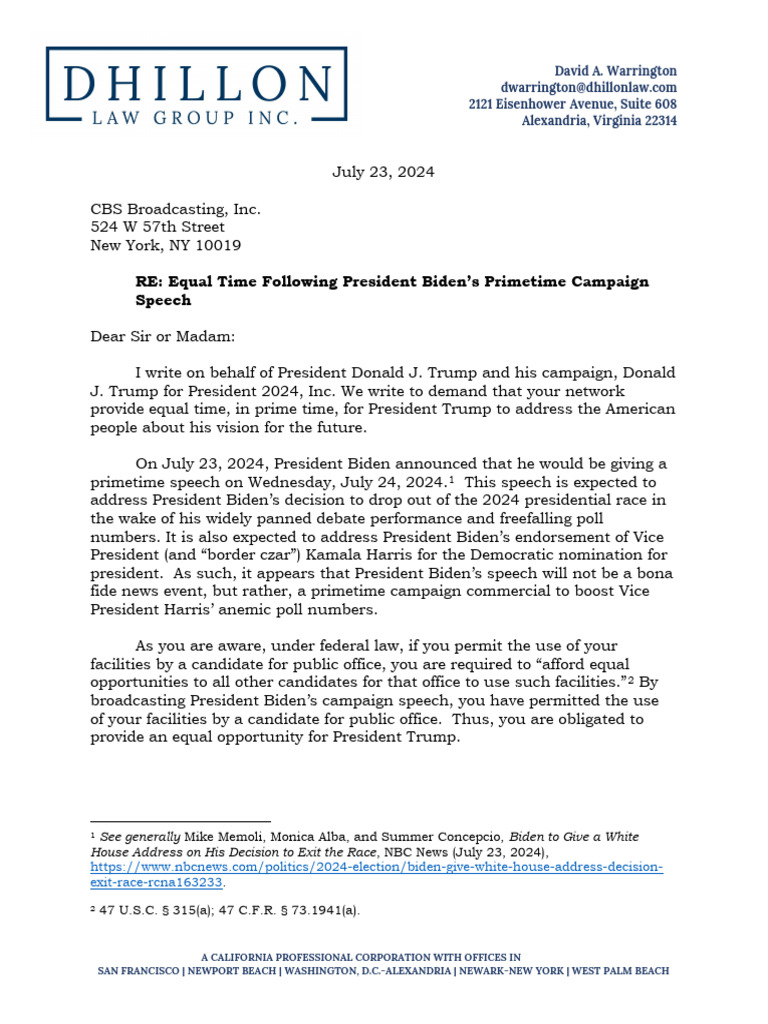 Trump's Equal Time Demand to CBS | PDF | Joe Biden | American Government
