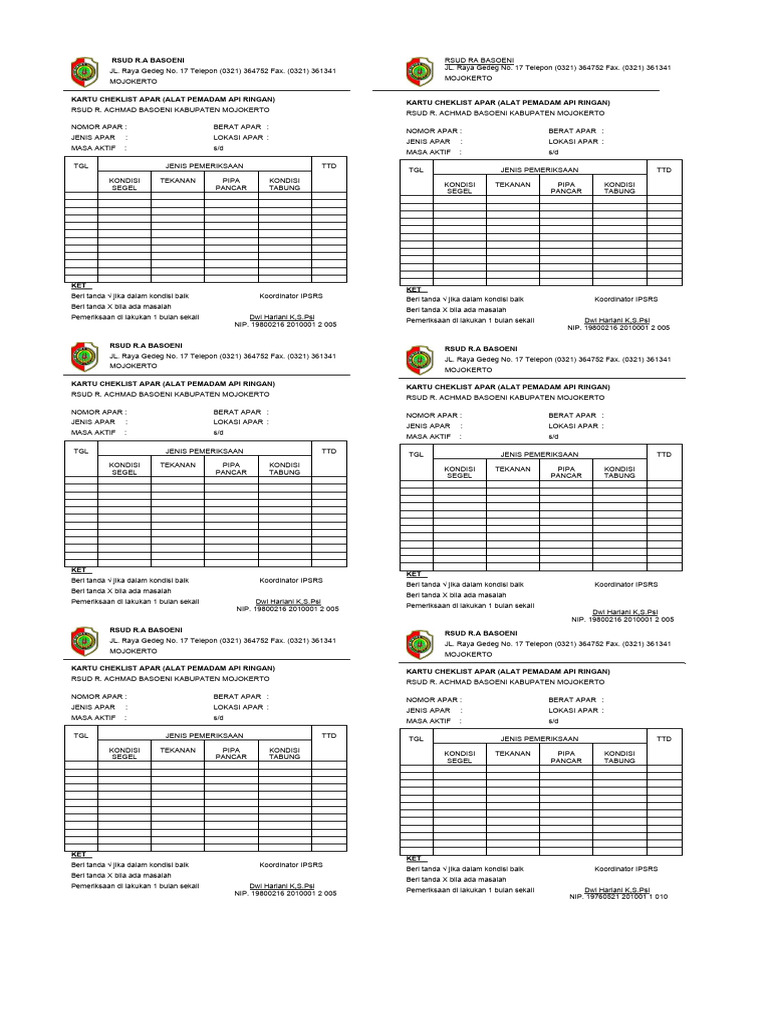 CHECKLIST APAR KECIL (Baru) | PDF