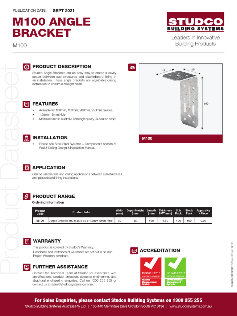 Angle Bracket M100 Datasheet - AU - 0921 | PDF | Drywall