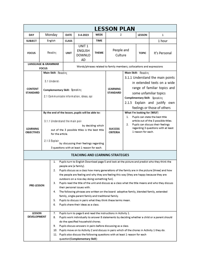 English LP Sample | PDF | English Language | Lesson Plan