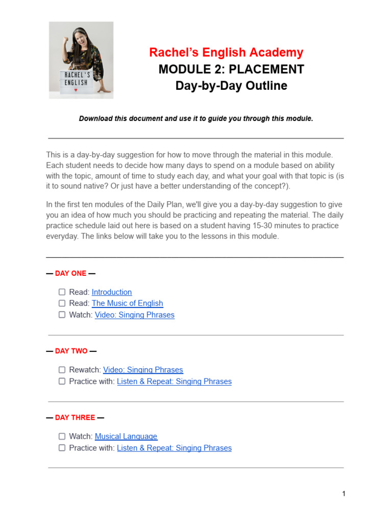 MODULE 2 - Day-by-Day Outline | PDF | Singing | Conversation